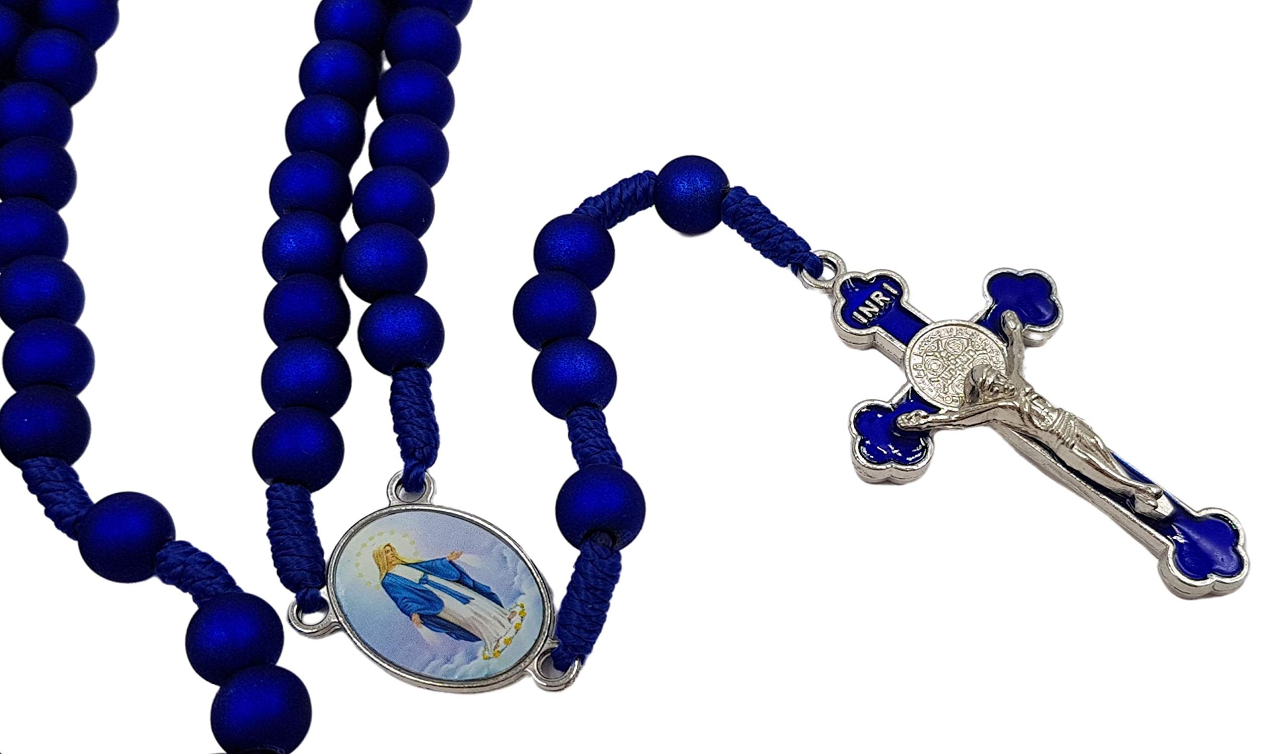 TALISMAN4U Deep Blue Rosary Beads Catholic Prayer Necklace with Saint Benedict Crucifix Our Lady of Grace Medal Religious Gift Rosary Pouch