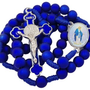 TALISMAN4U Deep Blue Rosary Beads Catholic Prayer Necklace with Saint Benedict Crucifix Our Lady of Grace Medal Religious Gift Rosary Pouch