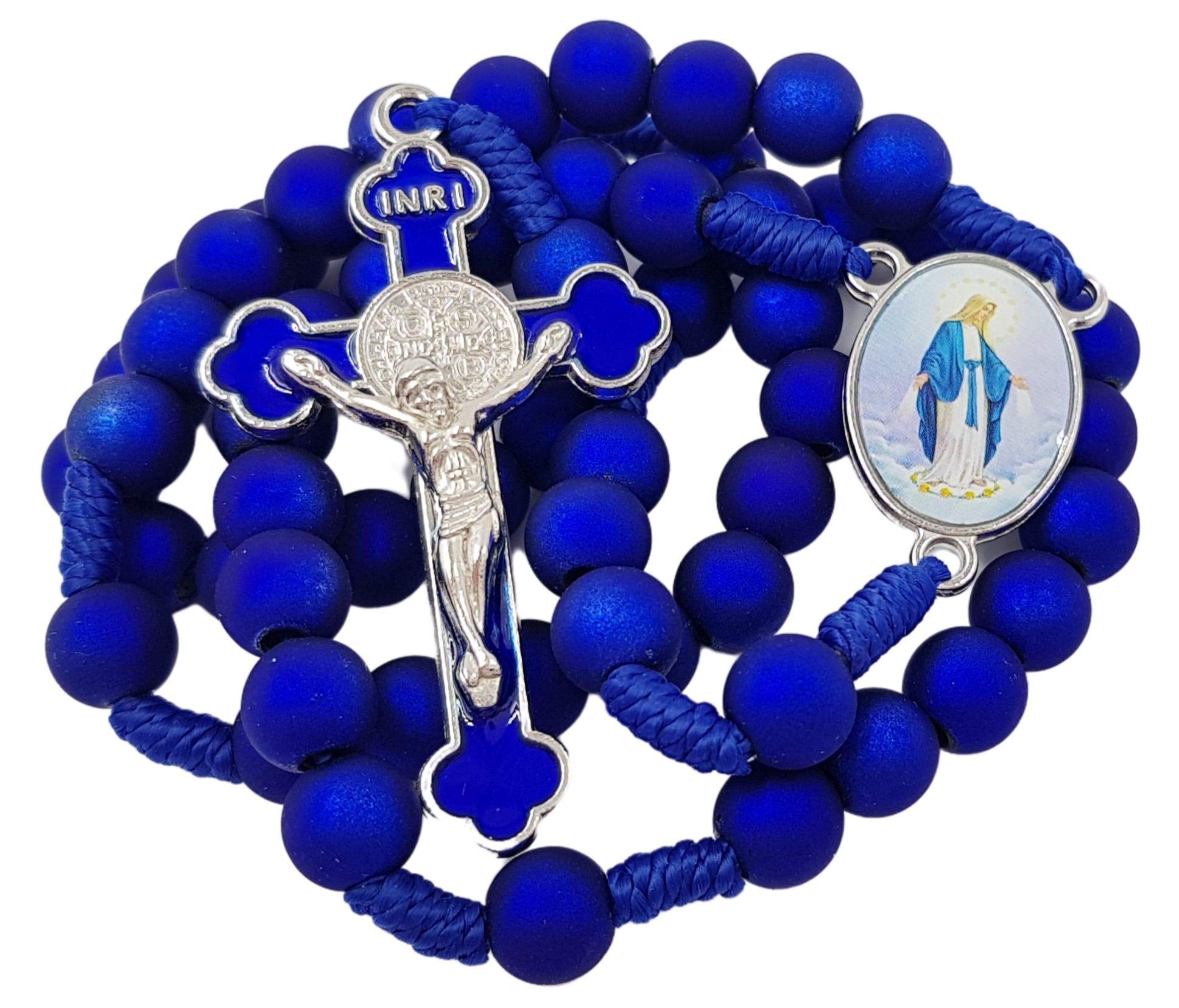 TALISMAN4U Deep Blue Rosary Beads Catholic Prayer Necklace with Saint Benedict Crucifix Our Lady of Grace Medal Religious Gift Rosary Pouch