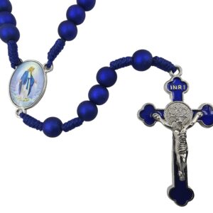 TALISMAN4U Deep Blue Rosary Beads Catholic Prayer Necklace with Saint Benedict Crucifix Our Lady of Grace Medal Religious Gift Rosary Pouch