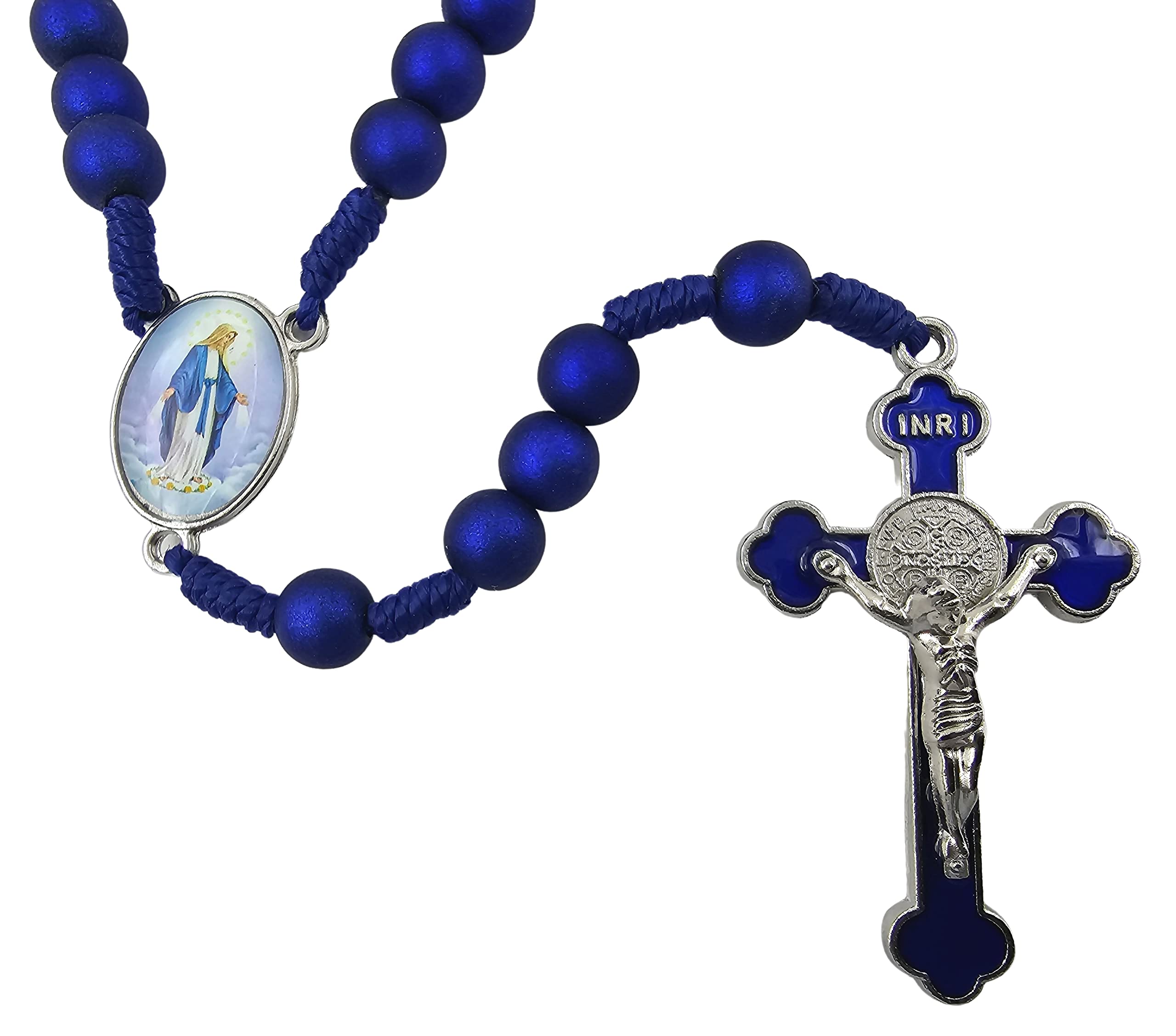 TALISMAN4U Deep Blue Rosary Beads Catholic Prayer Necklace with Saint Benedict Crucifix Our Lady of Grace Medal Religious Gift Rosary Pouch