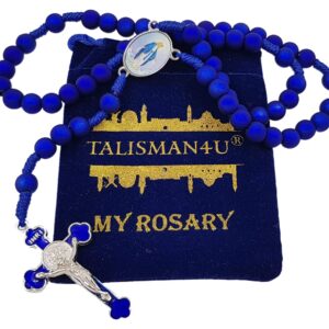 TALISMAN4U Deep Blue Rosary Beads Catholic Prayer Necklace with Saint Benedict Crucifix Our Lady of Grace Medal Religious Gift Rosary Pouch