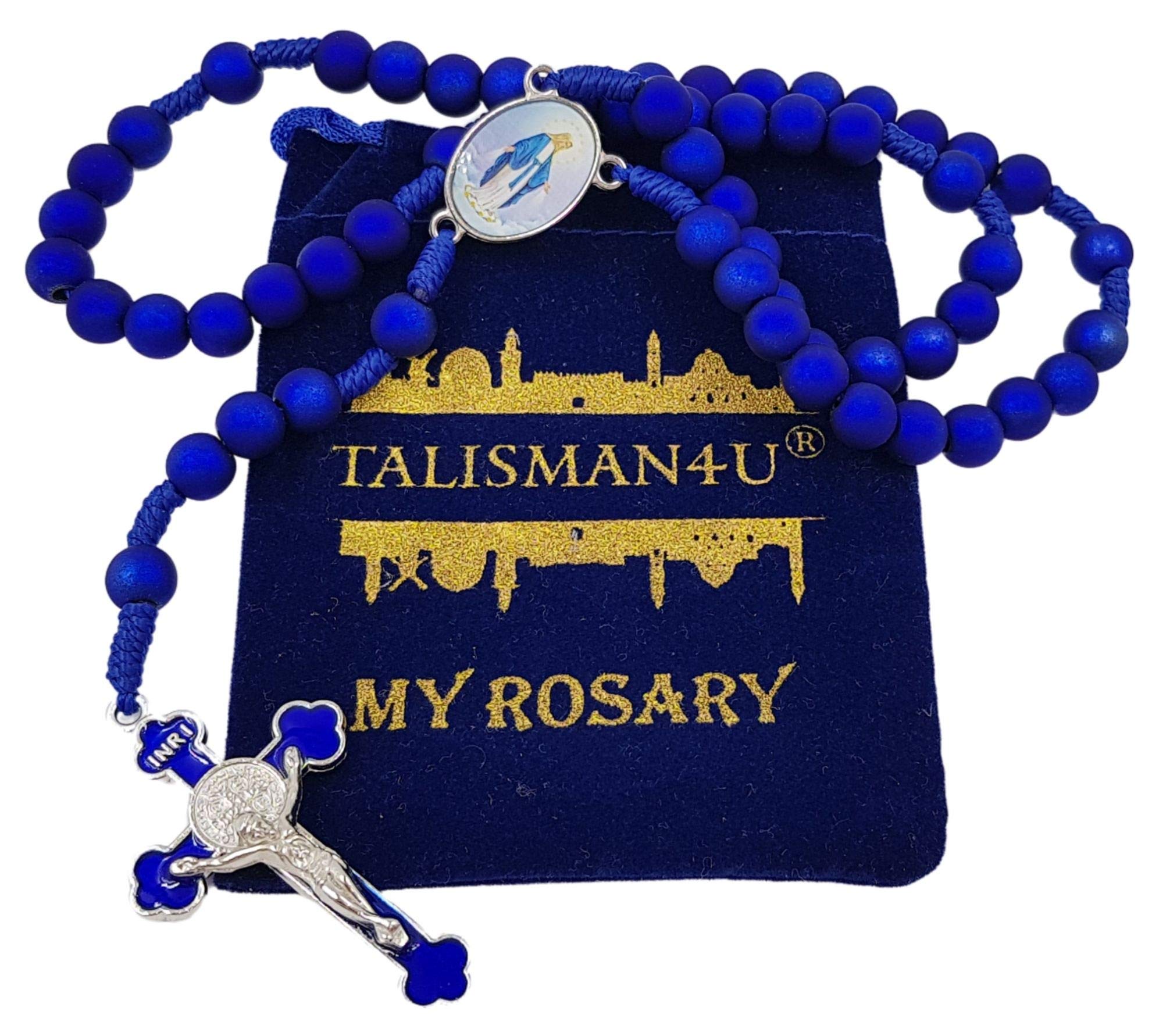 TALISMAN4U Deep Blue Rosary Beads Catholic Prayer Necklace with Saint Benedict Crucifix Our Lady of Grace Medal Religious Gift Rosary Pouch