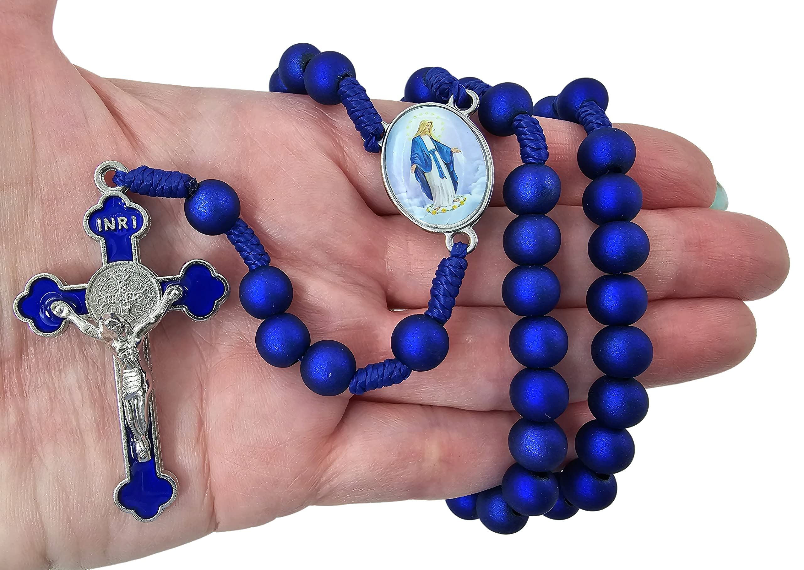 TALISMAN4U Deep Blue Rosary Beads Catholic Prayer Necklace with Saint Benedict Crucifix Our Lady of Grace Medal Religious Gift Rosary Pouch