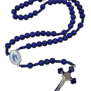 TALISMAN4U Deep Blue Rosary Beads Catholic Prayer Necklace with Saint Benedict Crucifix Our Lady of Grace Medal Religious Gift Rosary Pouch