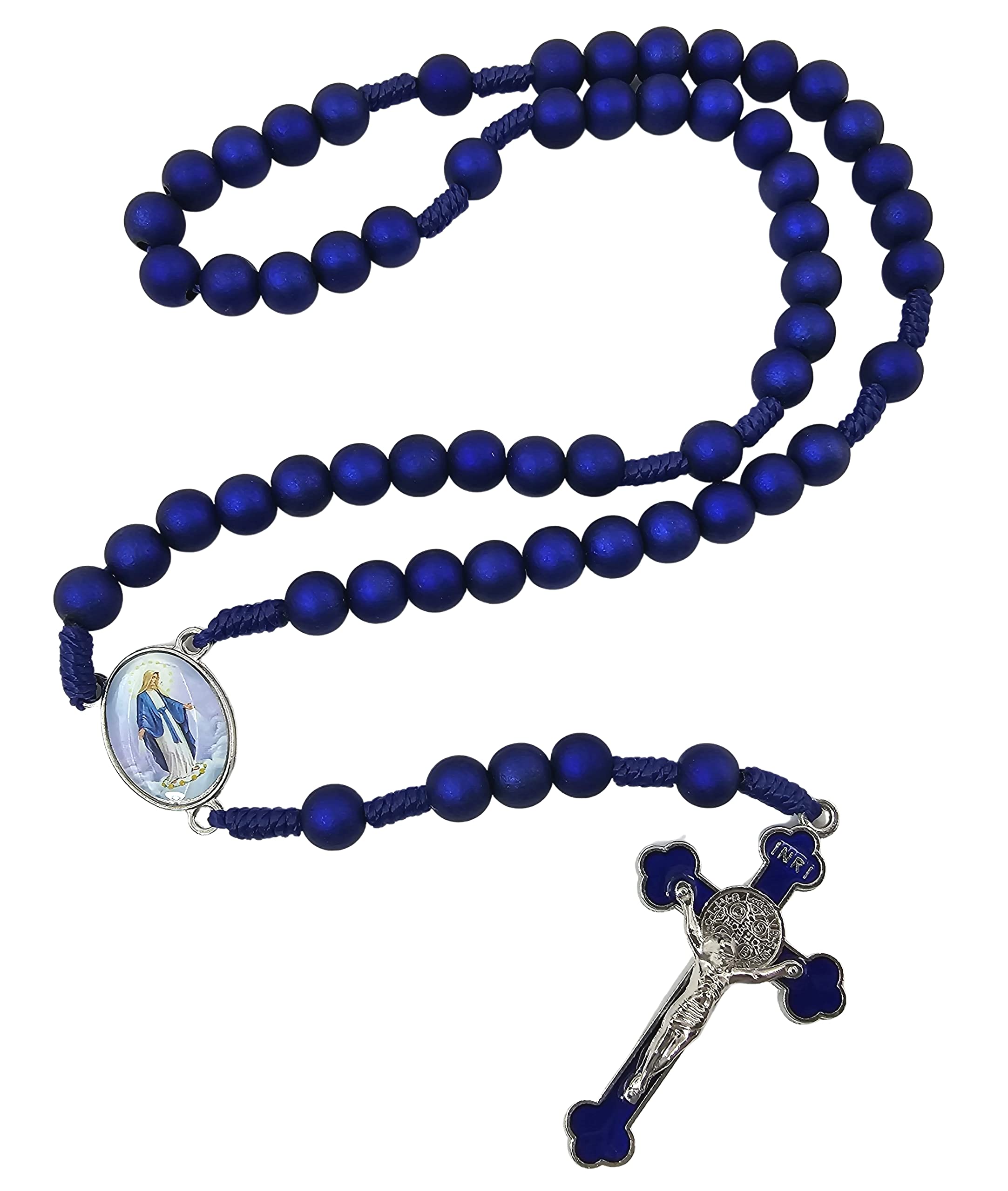 TALISMAN4U Deep Blue Rosary Beads Catholic Prayer Necklace with Saint Benedict Crucifix Our Lady of Grace Medal Religious Gift Rosary Pouch