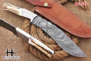 huntex handmade hand-forged twist pattern damascus steel 14 inch long full tang deer antler handle razor sharp hunting camping bowie knife w/genuine leather sheath