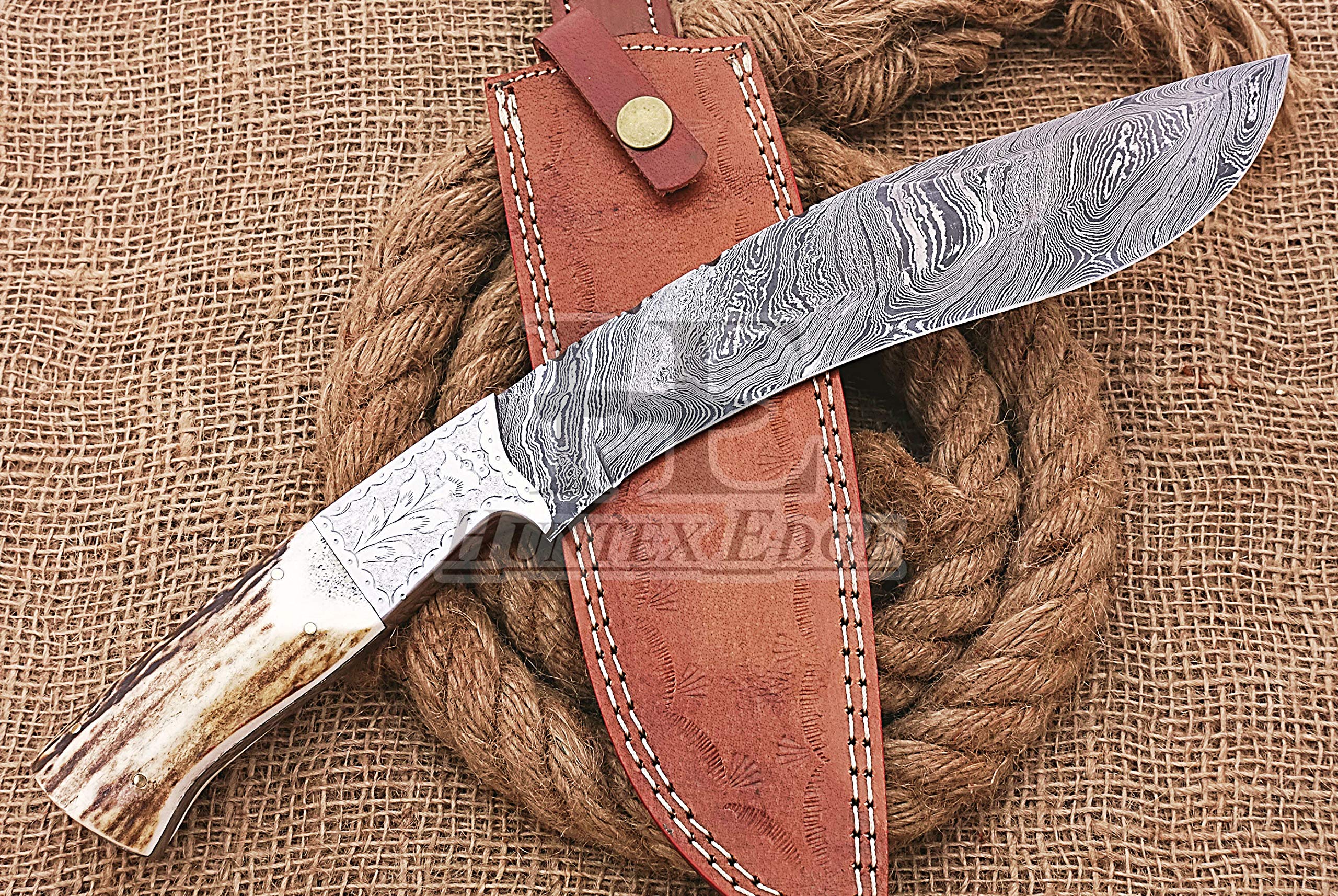 HUNTEX Handmade Hand-Forged Twist Pattern Damascus Steel 14 Inch Long Full Tang Deer Antler Handle Razor Sharp Hunting Camping Bowie Knife w/Genuine Leather Sheath