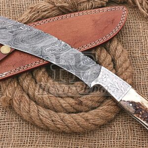 HUNTEX Handmade Hand-Forged Twist Pattern Damascus Steel 14 Inch Long Full Tang Deer Antler Handle Razor Sharp Hunting Camping Bowie Knife w/Genuine Leather Sheath