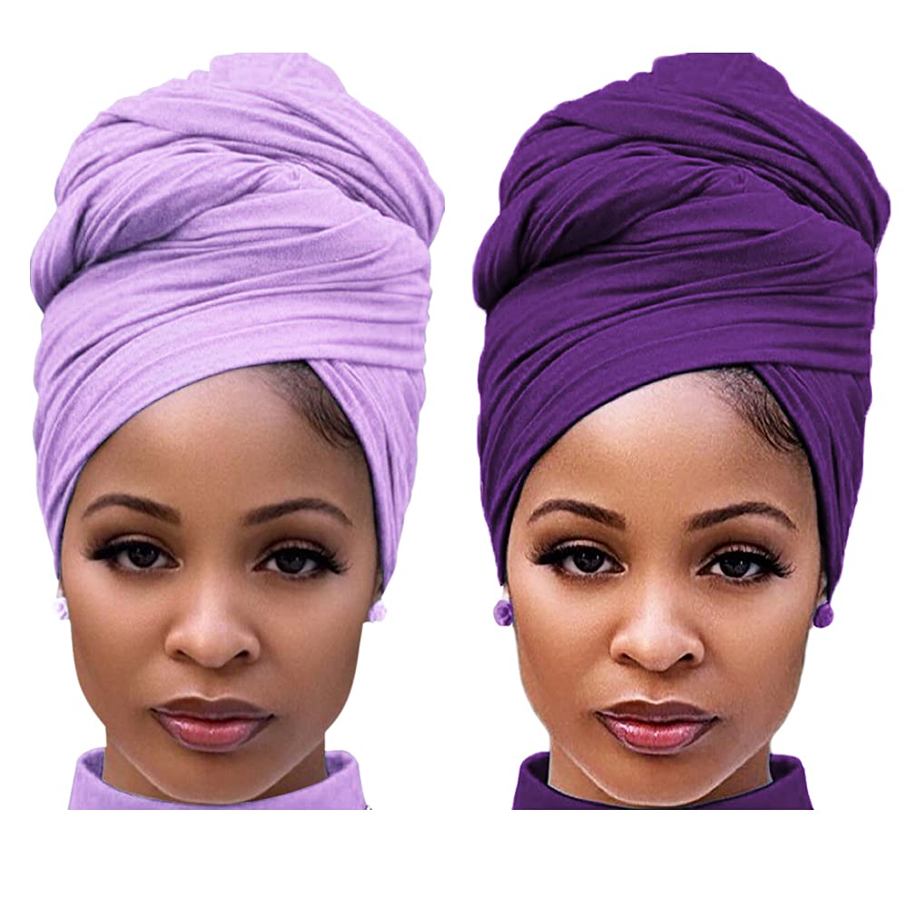 Harewom Head Wraps for Black Women Stretchy Head Scarf African Hair Wraps for Dreads Locs Natural Hair Turban Headwraps Jersey Tie Headbands(Purple and Light Purple)