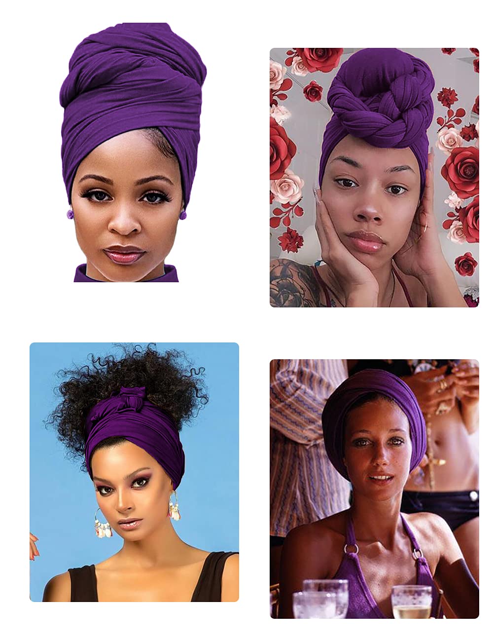 Harewom Head Wraps for Black Women Stretchy Head Scarf African Hair Wraps for Dreads Locs Natural Hair Turban Headwraps Jersey Tie Headbands(Purple and Light Purple)