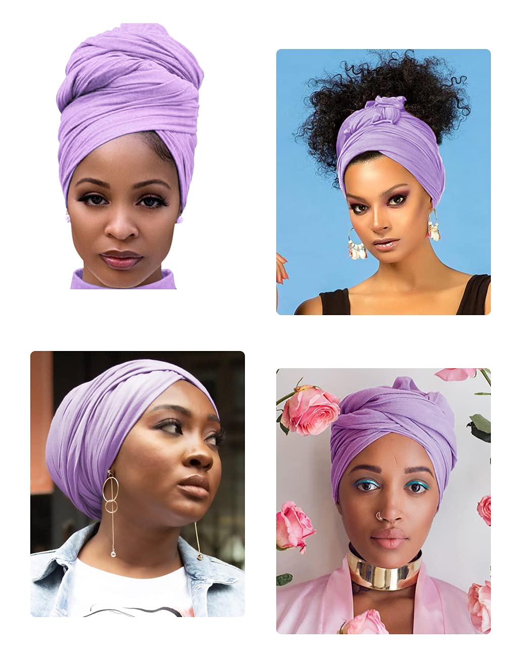 Harewom Head Wraps for Black Women Stretchy Head Scarf African Hair Wraps for Dreads Locs Natural Hair Turban Headwraps Jersey Tie Headbands(Purple and Light Purple)