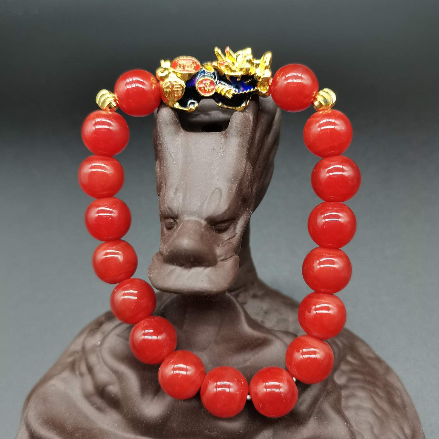 Homelavie Feng Shui Pixiu Bracelet 10mm Amulet Dragon Natural Stone Beads Bracelet Attract Wealth Money and Good Luck(Red)