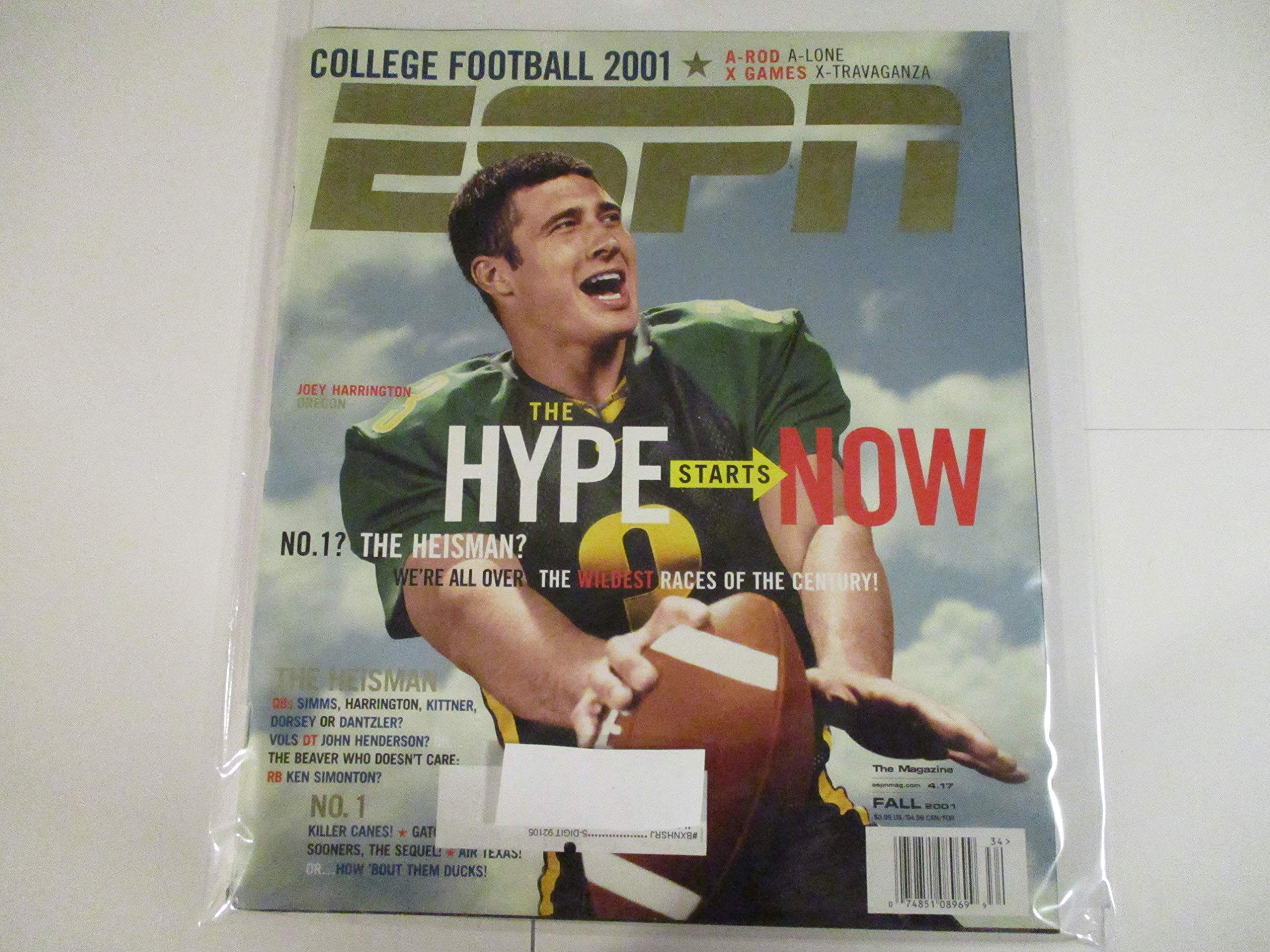 APRIL 17, 2001 ESPN MAGAZINE FEATURING JOEY HARRINGTON (OREGON)* *THE HYPE STARS NOW - NO.1? THE HEISMAN? WE'RE ALL OVER THE WILDEST RACES OF THE CENTURY!* *COLLEGE FOOTBALL 2001*