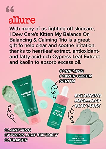 I Dew Care Heartleaf Skincare Set - Kitten My Balance On | Foam Cleanser, Wash-off Mask, Serum For Blemish Skin, With Kaolin, Heartleaf Extract, Gift, Travel Size, Korean Skincare, TSA Friendly Size