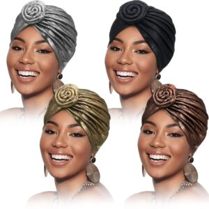 frienda 4 pieces women african headwraps turbans hat women pre-tied bonnet turban knot beanie cap headwrap hat for women favors, 4 colors