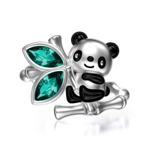 aoboco lovely panda with bamboo ring s925 sterling silver cute panda bear jewelry gift for women panda lovers, crystals from austria, size 7