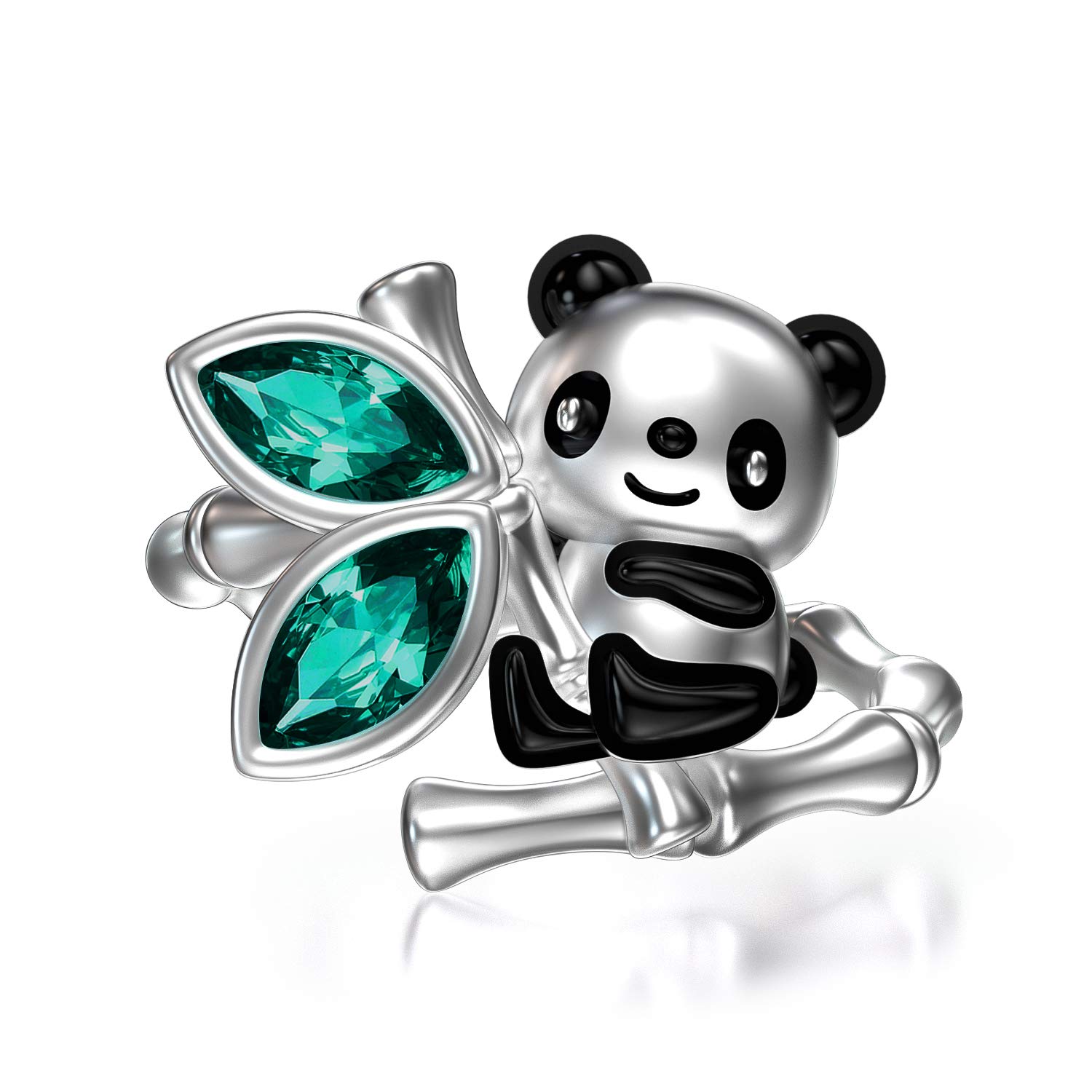 AOBOCO Lovely Panda with Bamboo Ring S925 Sterling Silver Cute Panda Bear Jewelry Gift for Women Panda Lovers, Crystals from Austria, Size 7