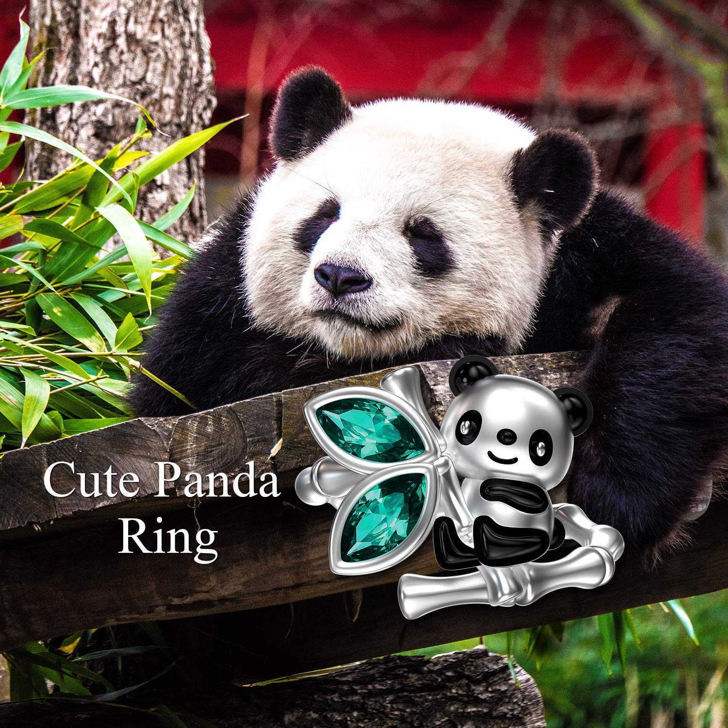 AOBOCO Lovely Panda with Bamboo Ring S925 Sterling Silver Cute Panda Bear Jewelry Gift for Women Panda Lovers, Crystals from Austria, Size 7