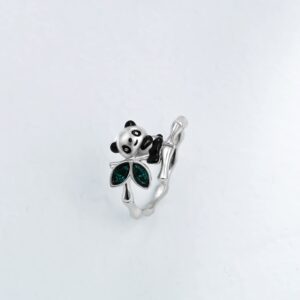 AOBOCO Lovely Panda with Bamboo Ring S925 Sterling Silver Cute Panda Bear Jewelry Gift for Women Panda Lovers, Crystals from Austria, Size 7