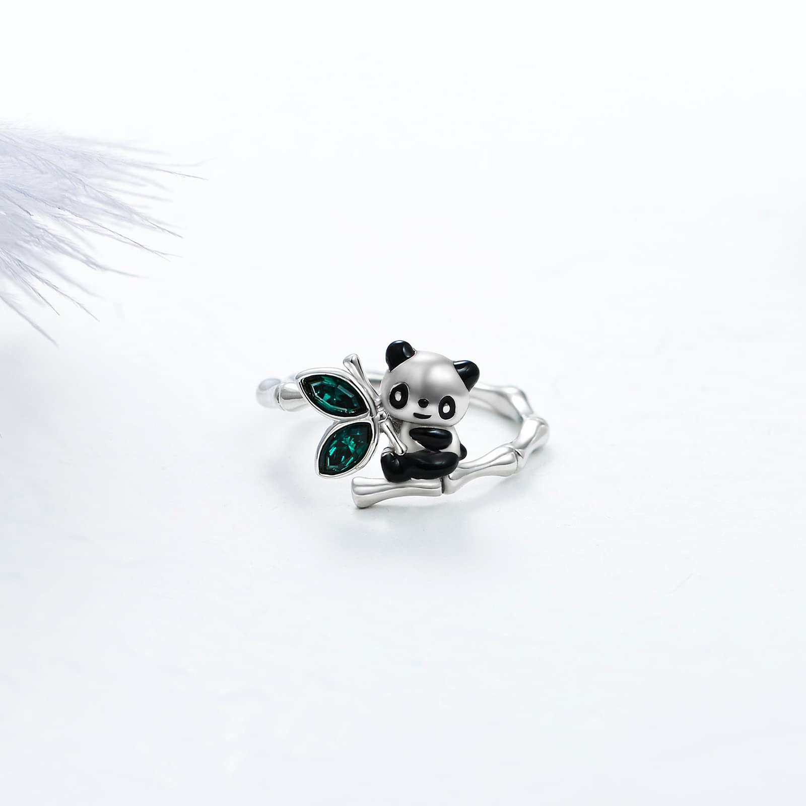 AOBOCO Lovely Panda with Bamboo Ring S925 Sterling Silver Cute Panda Bear Jewelry Gift for Women Panda Lovers, Crystals from Austria, Size 7