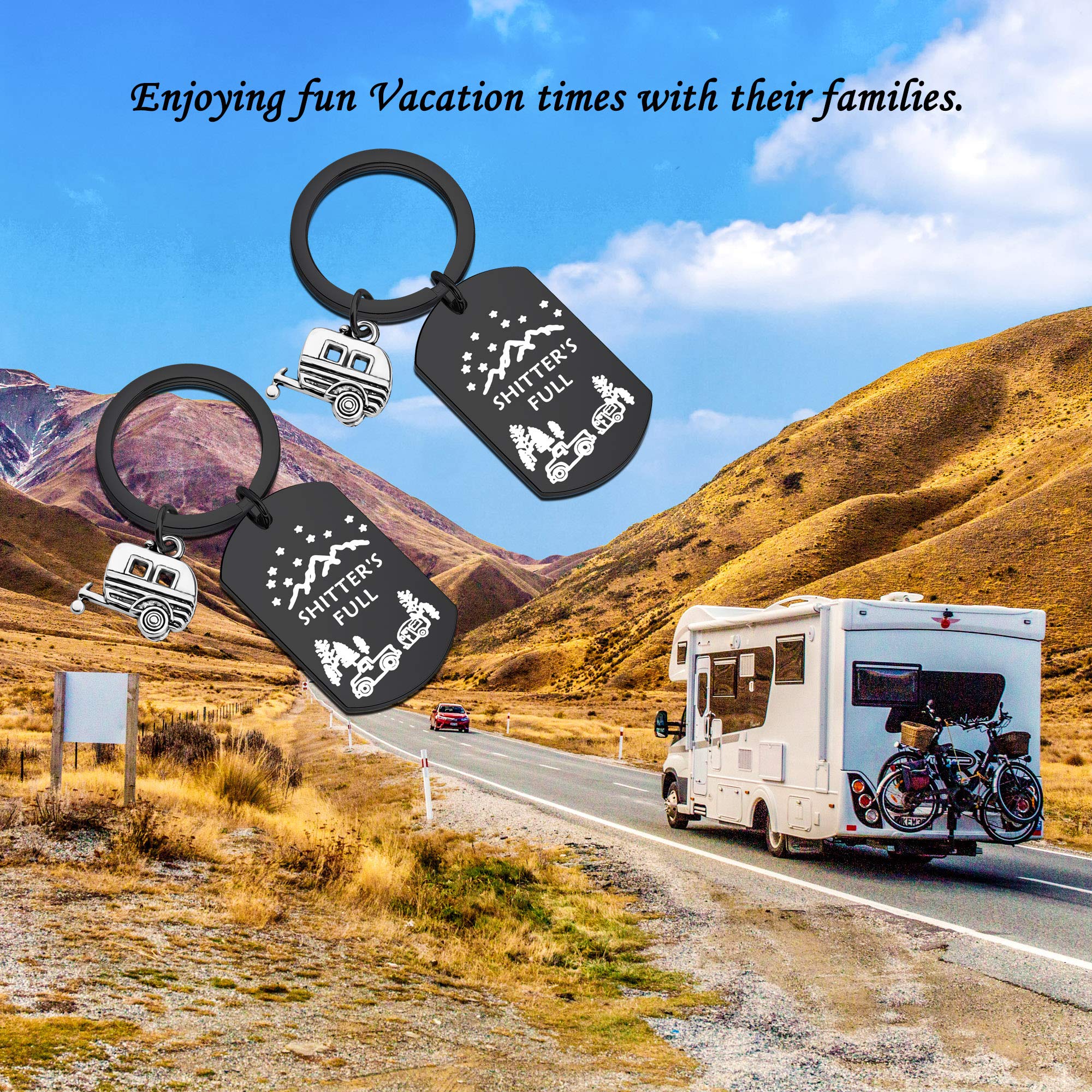 HOLLP Shitter's Full Dog Tag Keychain Happy Camper RV Dog Tag Keychain Camping Keychain Trailer Christmas Vacation Jewelry (2PC Keychain-Black)