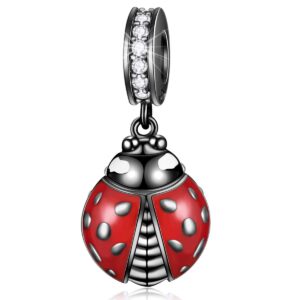 emostar dangle gun black ladybug charms fits pandora christmas bracelet, 925 sterling silver ladybird beetle beads lady bug pendant with red wings enamel, gift for insect lover/women