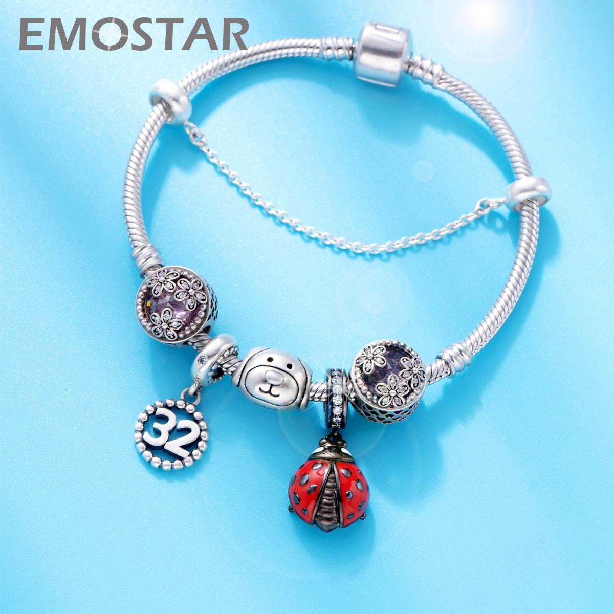 EMOSTAR Dangle Gun Black Ladybug Charms fits Pandora Christmas Bracelet, 925 Sterling Silver Ladybird Beetle Beads Lady Bug Pendant with Red Wings Enamel, Gift for Insect Lover/Women