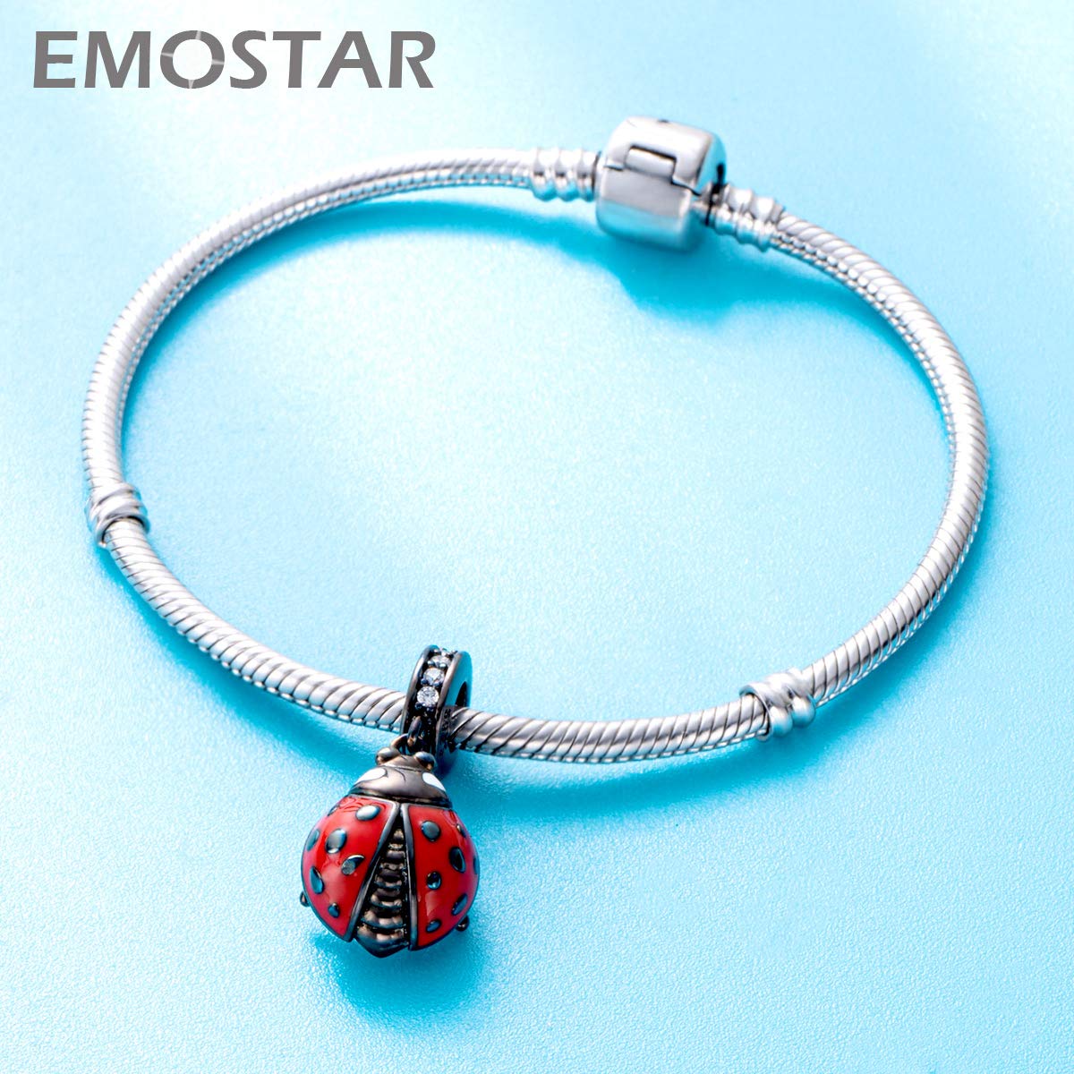 EMOSTAR Dangle Gun Black Ladybug Charms fits Pandora Christmas Bracelet, 925 Sterling Silver Ladybird Beetle Beads Lady Bug Pendant with Red Wings Enamel, Gift for Insect Lover/Women