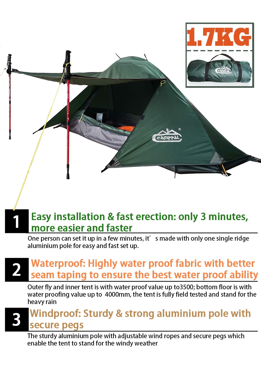 camppal 1 Person Tent Backpacking Camping Hiking Trekking Hunting Mountain Tent Super Lightweight and Waterproof & Windproof 4 Seasons Single (Green) - MT051