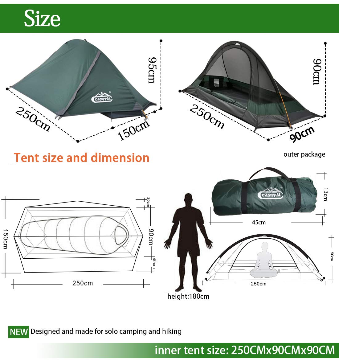 camppal 1 Person Tent Backpacking Camping Hiking Trekking Hunting Mountain Tent Super Lightweight and Waterproof & Windproof 4 Seasons Single (Green) - MT051