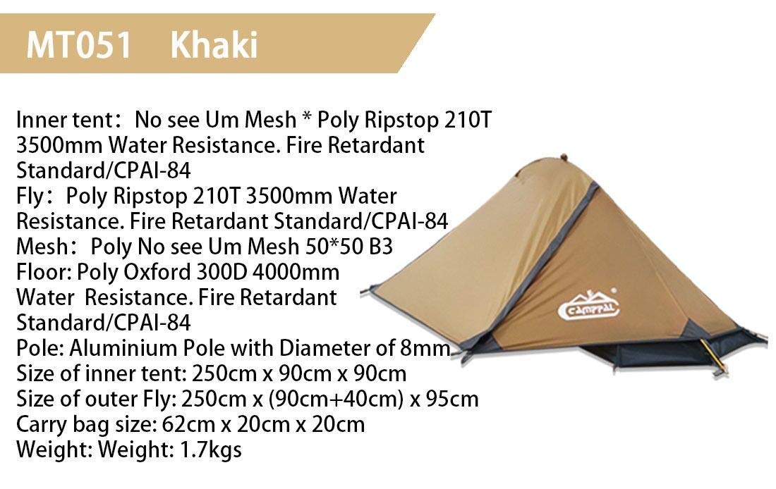 camppal 1 Person Tent Backpacking Tent for Camping Hiking Trekking Hunting Super Lightweight and Waterproof & Windproof 4 Season Mountain tent MT051 (Khaki)