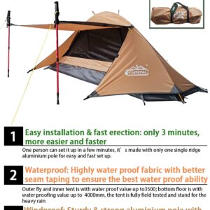 camppal 1 Person Tent Backpacking Tent for Camping Hiking Trekking Hunting Super Lightweight and Waterproof & Windproof 4 Season Mountain tent MT051 (Khaki)