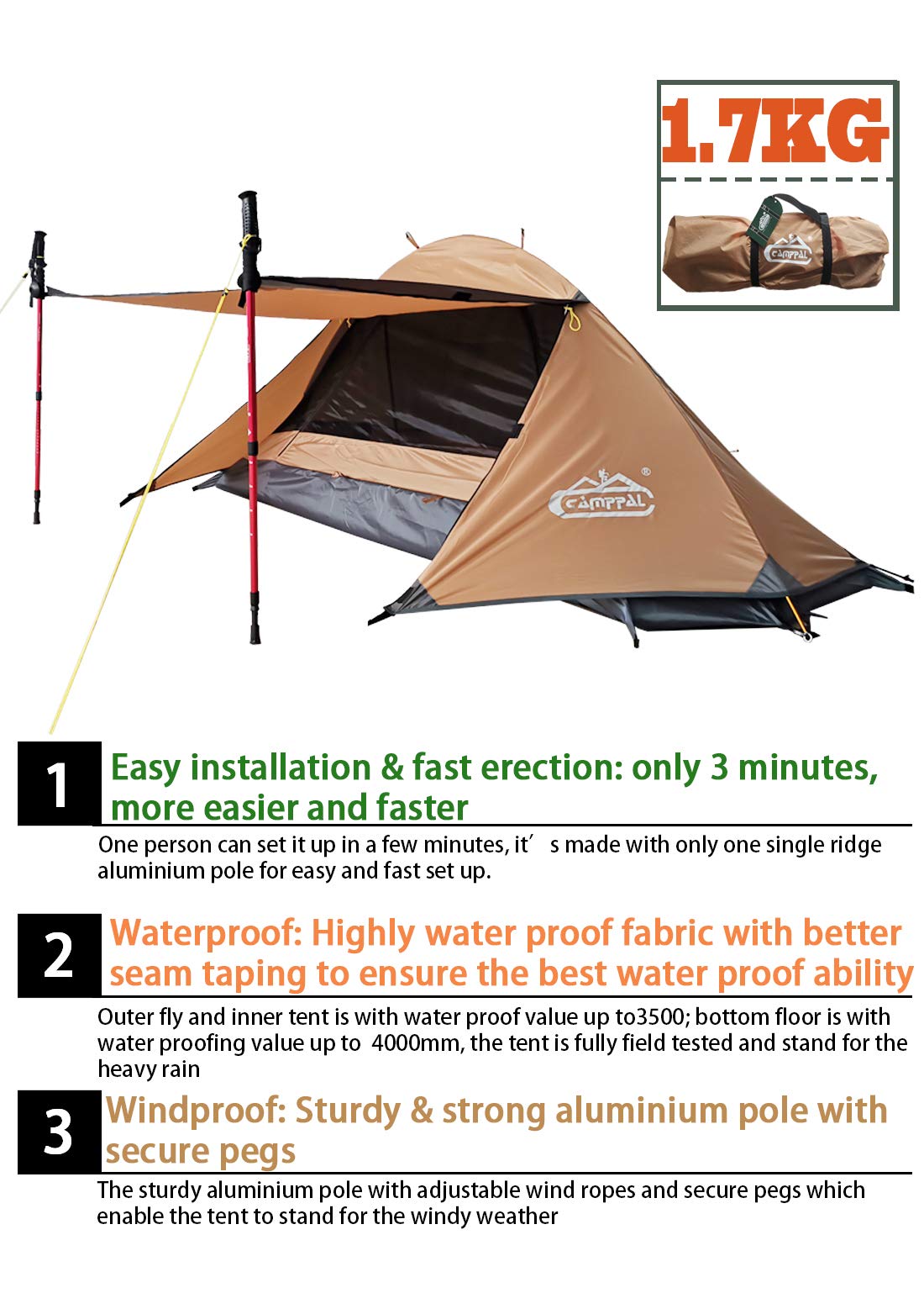 camppal 1 Person Tent Backpacking Tent for Camping Hiking Trekking Hunting Super Lightweight and Waterproof & Windproof 4 Season Mountain tent MT051 (Khaki)