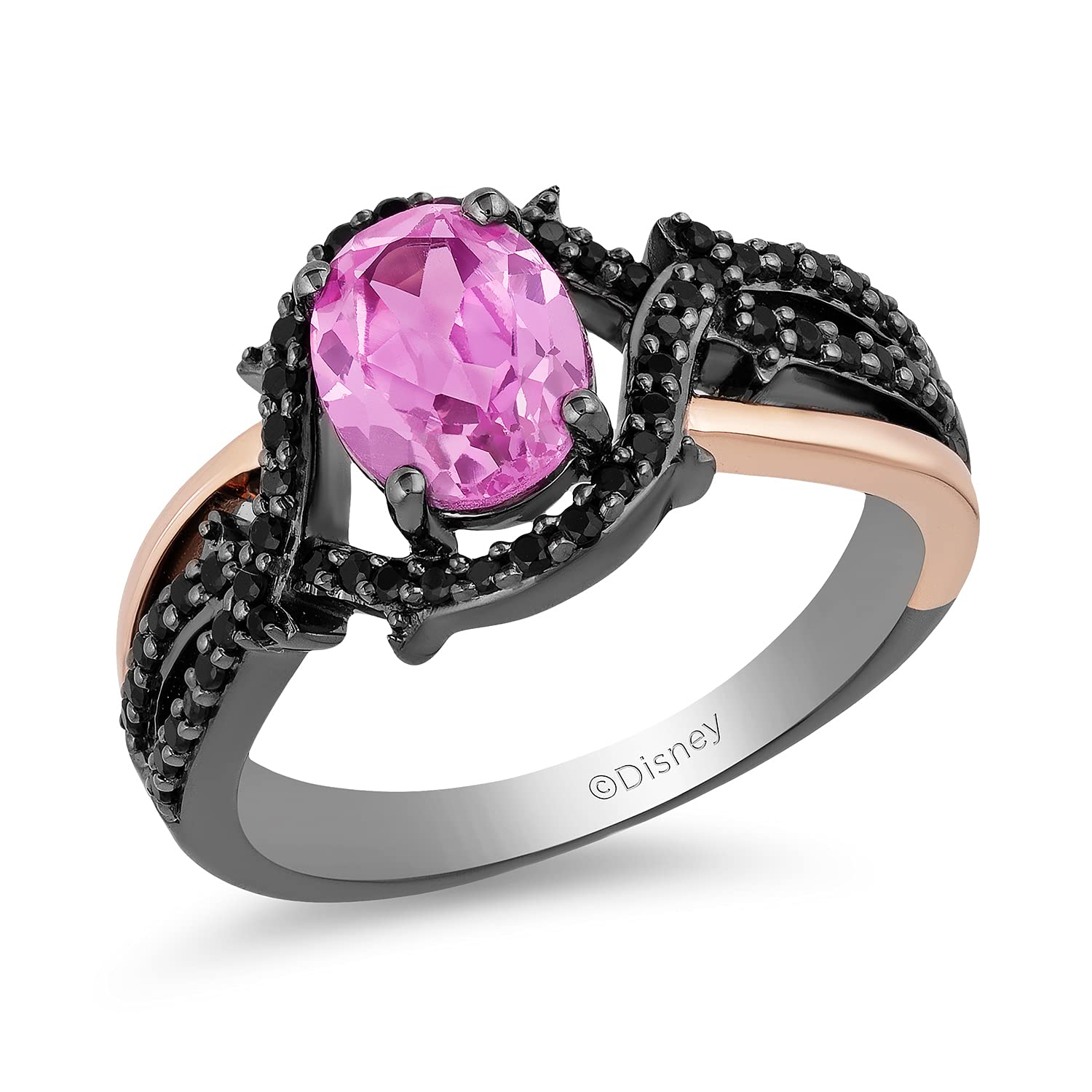 Jewelili Enchanted Disney Fine Jewelry 14K Rose Gold over Sterling Silver with Black Rhodium Oval Created Pink Sapphire and 1/4 Cttw Treated Black Round Diamond Maleficent Ring Size 8