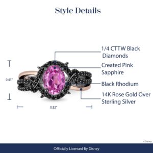 Jewelili Enchanted Disney Fine Jewelry 14K Rose Gold over Sterling Silver with Black Rhodium Oval Created Pink Sapphire and 1/4 Cttw Treated Black Round Diamond Maleficent Ring Size 8