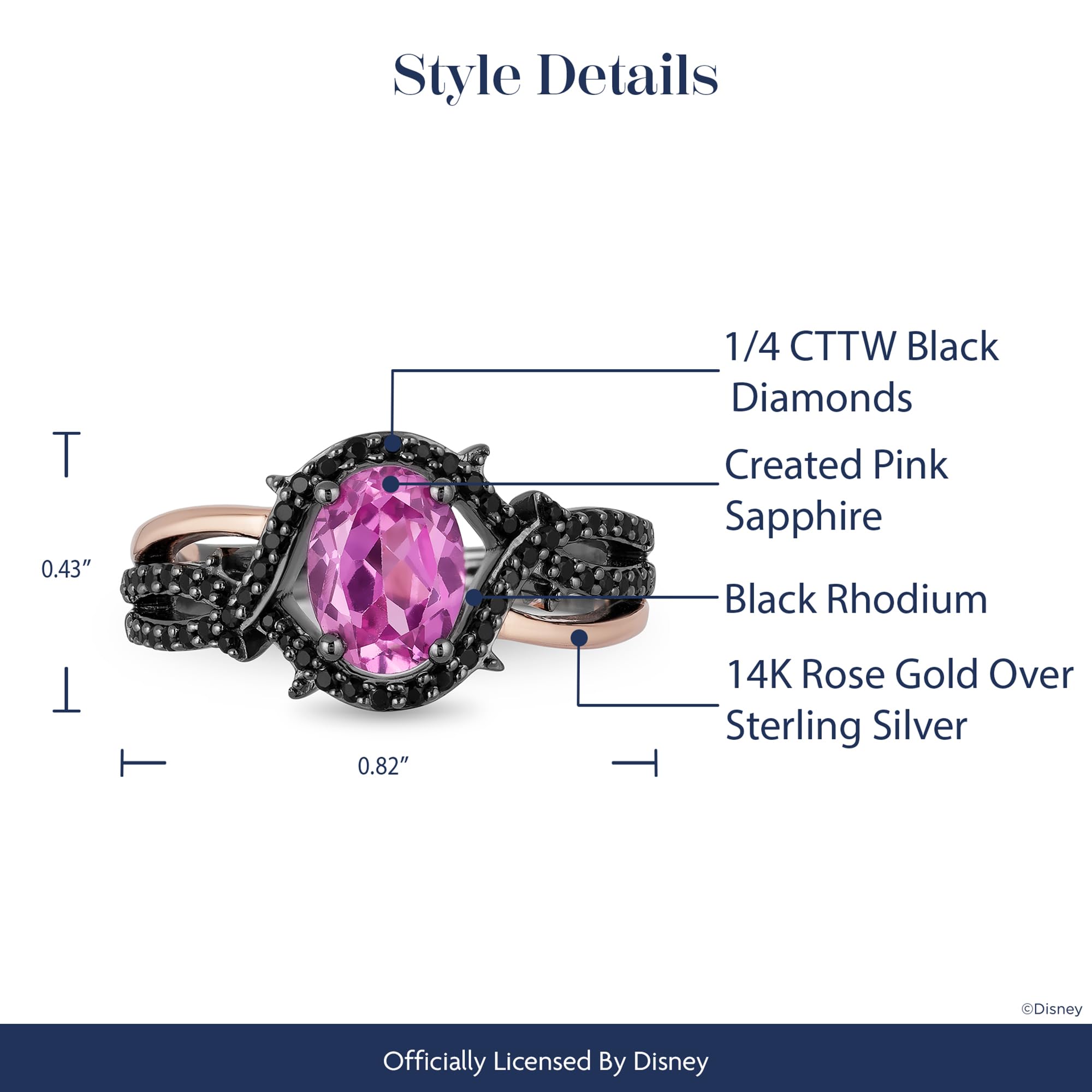 Jewelili Enchanted Disney Fine Jewelry 14K Rose Gold over Sterling Silver with Black Rhodium Oval Created Pink Sapphire and 1/4 Cttw Treated Black Round Diamond Maleficent Ring Size 8