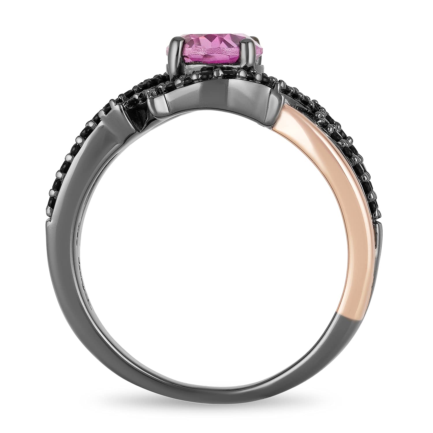 Jewelili Enchanted Disney Fine Jewelry 14K Rose Gold over Sterling Silver with Black Rhodium Oval Created Pink Sapphire and 1/4 Cttw Treated Black Round Diamond Maleficent Ring Size 8