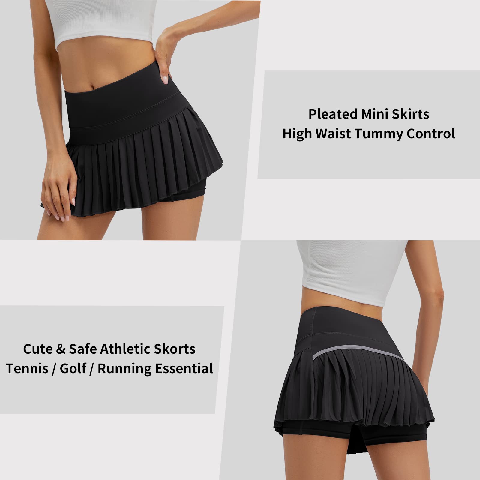 Raroauf Womens Pleated Tennis Skirts with Shorts High Waisted Mini Skirt Golf Skort Athletic Skirts Workout Pickball Black Medium