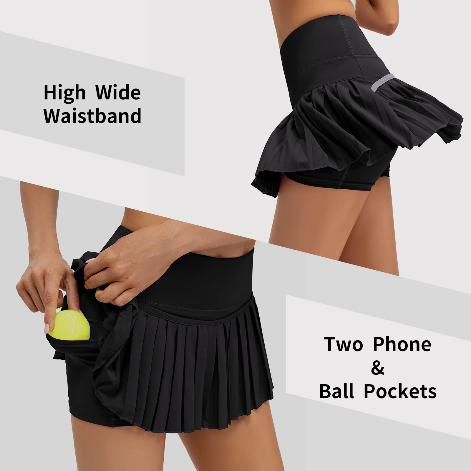 Raroauf Womens Pleated Tennis Skirts with Shorts High Waisted Mini Skirt Golf Skort Athletic Skirts Workout Pickball Black Medium