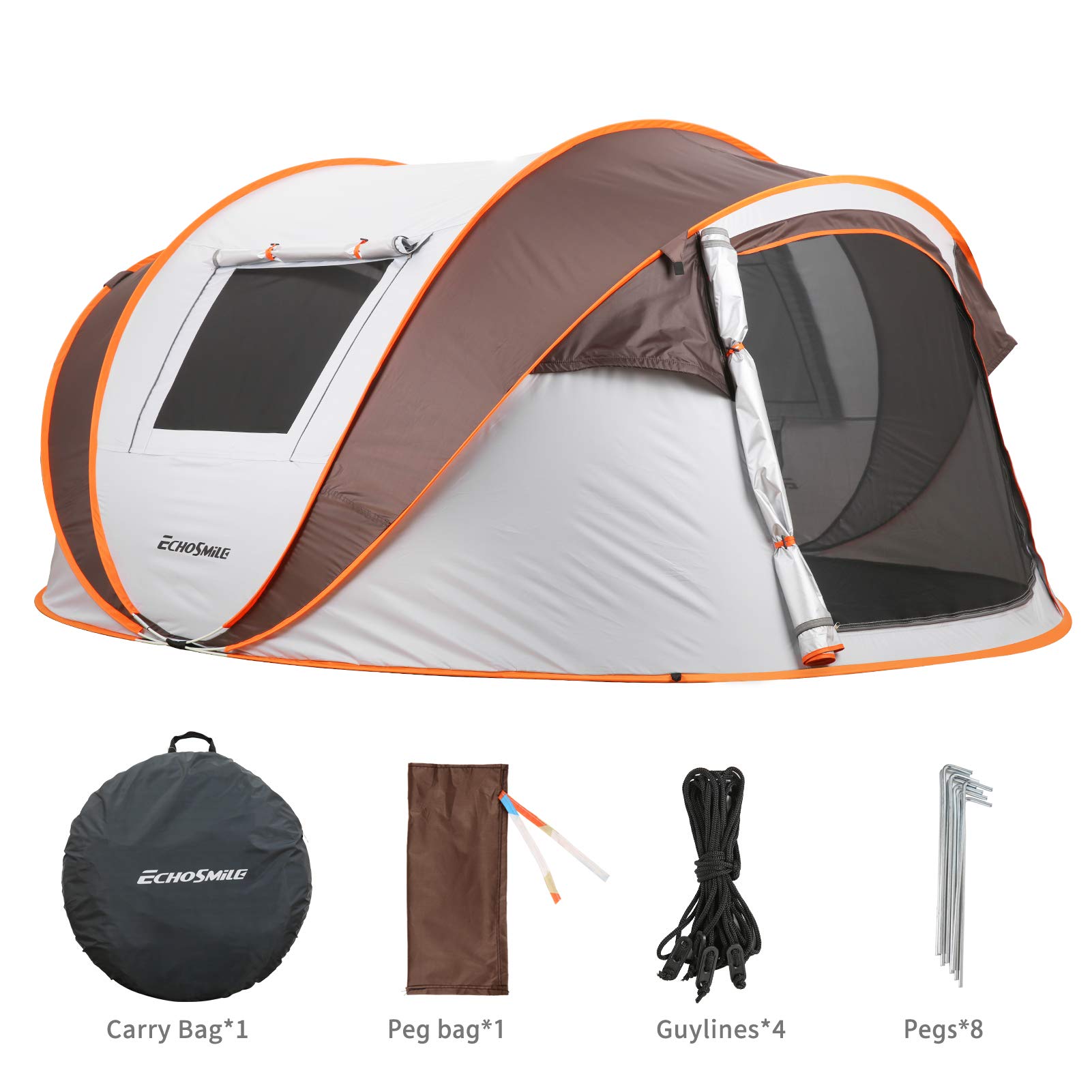 EchoSmile Camping Instant Tent, 2 to 8 Person , Water Resistant Dome Pop Up Tent, Easy Setup for Camping Hiking and Outdoor, Portable with Carry Bag, for 4 Seasons, White&Brown