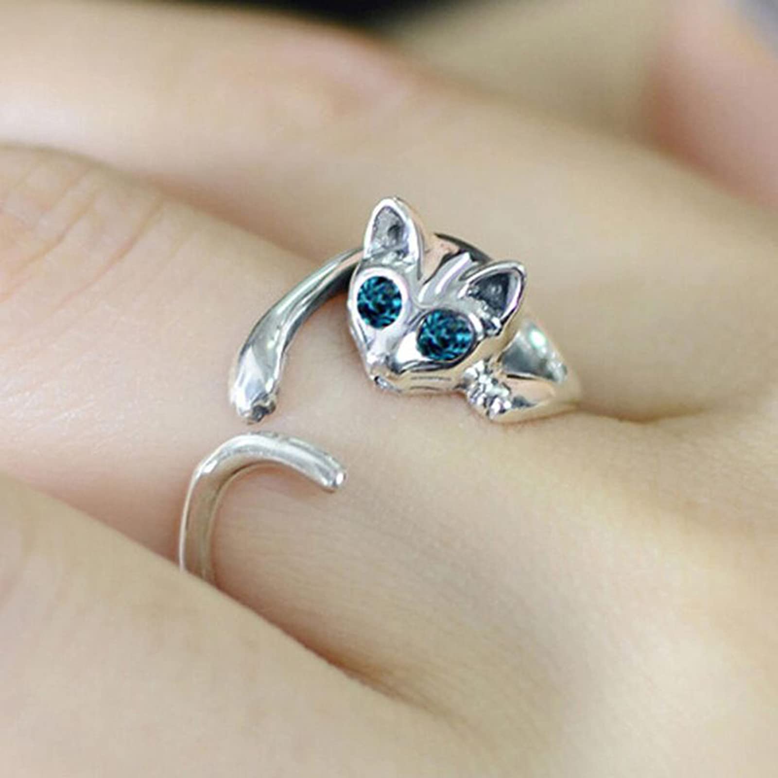 shiYsRL Exquisite Jewelry Ring Love Rings Women Cute Alloy Faux Gemstone Blue Eyes Cat Open Finger Ring Party Jewelry Gift Wedding Band Best Gifts for Love with Valentine's Day