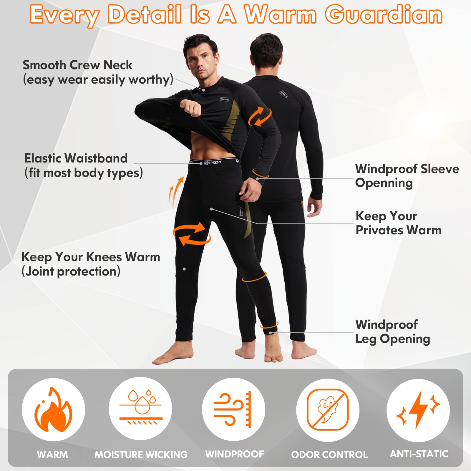 romision Thermal Underwear for Men, Fleece Lined Long Johns Hunting Gear Base Layer Bottom Top Set for Cold Weather A-Black