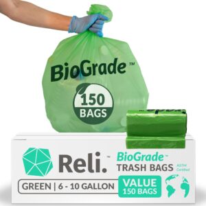 reli. biodegradable 6-10 gallon trash bags | 150 count | astm d6954 | green | eco-friendly | oxobiodegradable under certain conditions (see product description)