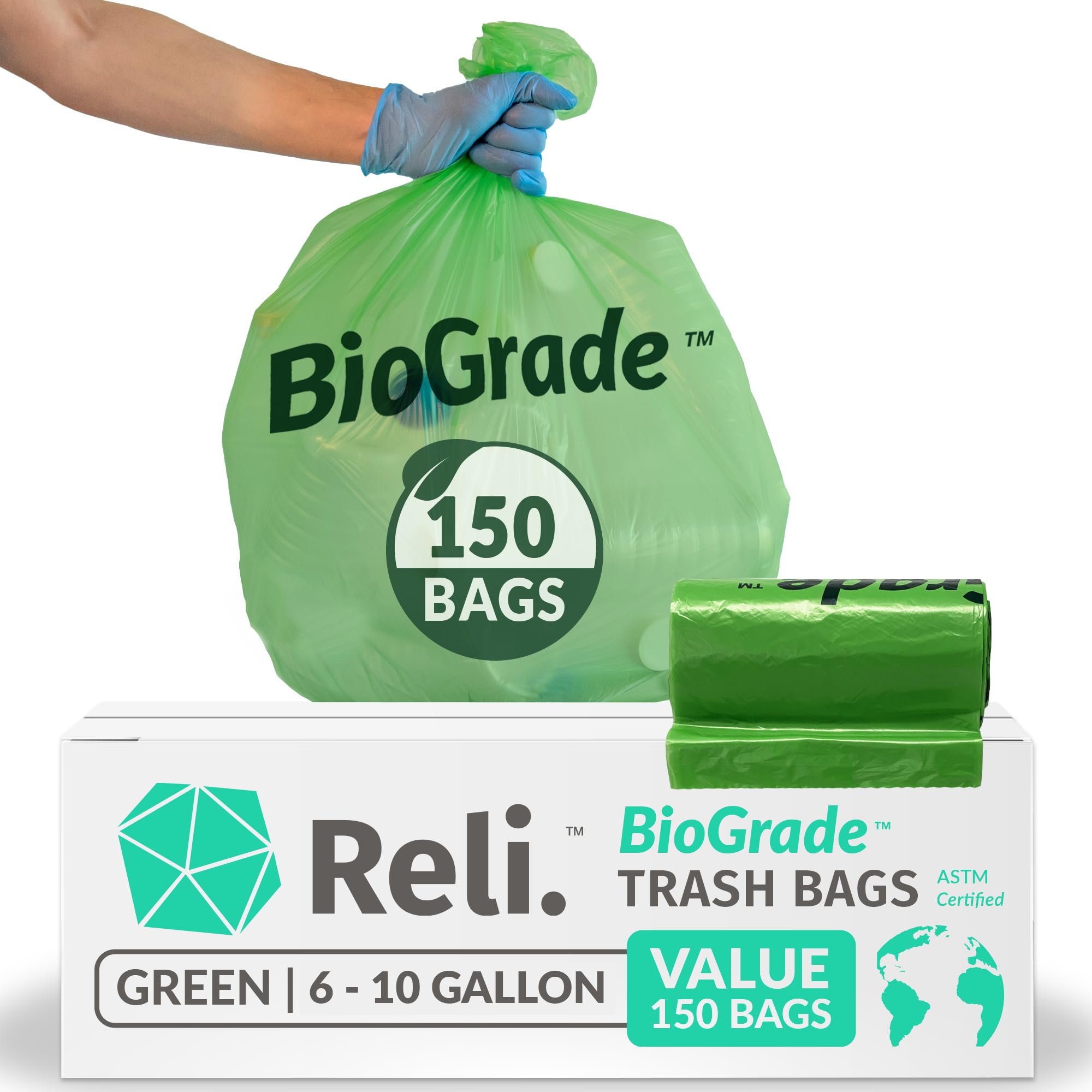 Reli. Biodegradable 6-10 Gallon Trash Bags | 150 Count | ASTM D6954 | Green | Eco-Friendly | Oxobiodegradable Under Certain Conditions (See Product Description)