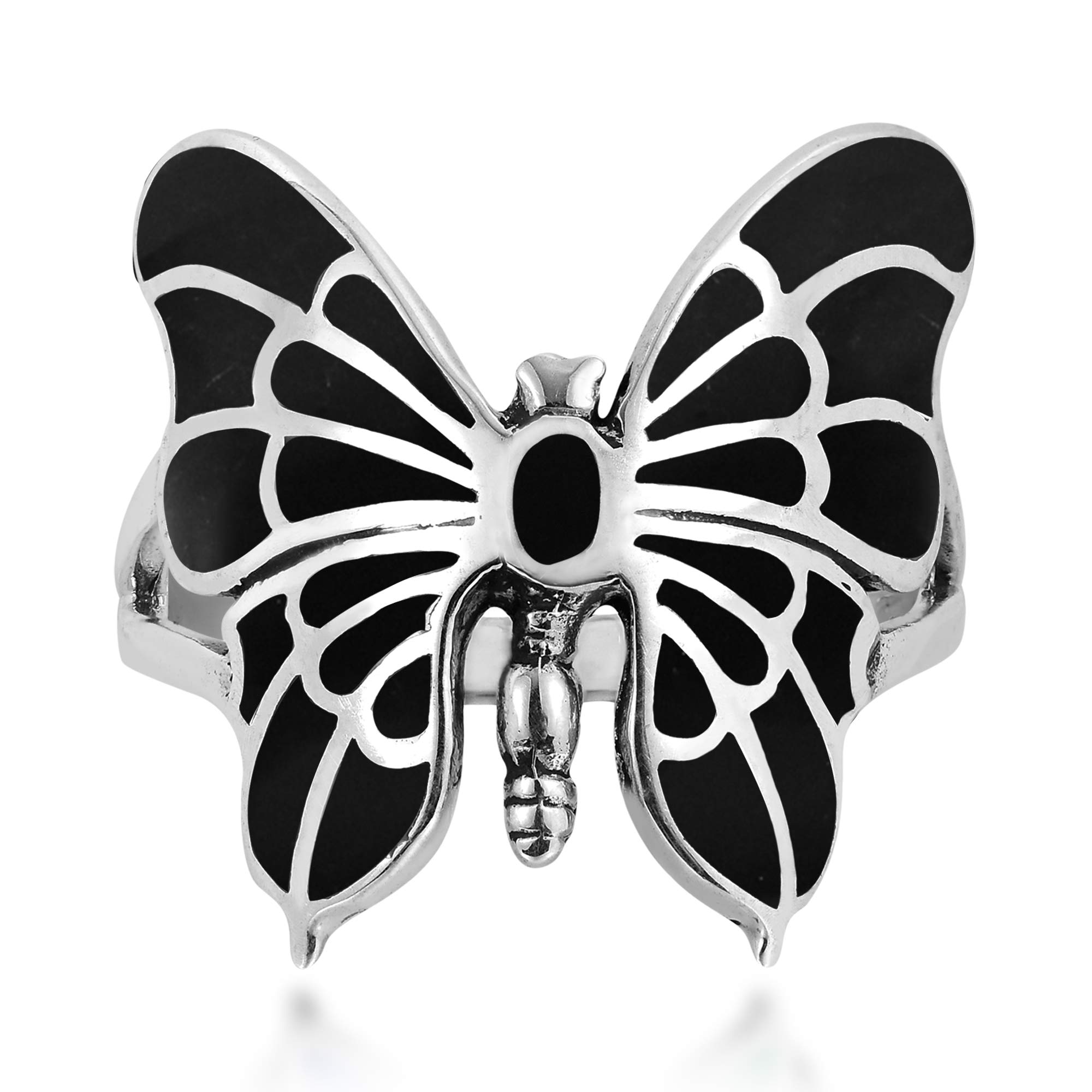 AeraVida Exotic Graceful Butterfly Simulated Black Onyx Inlay .925 Sterling Silver Ring