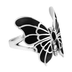 AeraVida Exotic Graceful Butterfly Simulated Black Onyx Inlay .925 Sterling Silver Ring