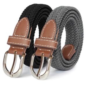 yucforen 2 pack 1'' narrow width elastic belt, stretch braided skinny fabric woven women or girl jeans dress casual belt