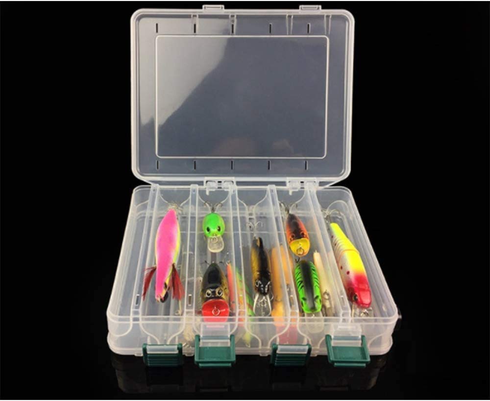 LESOVI Double Sided Fishing Tackle Box 14 Compartments Visible Hard Plastic Clear Fishing Lure Bait Squid Jig Minnows Hooks Accessory Storage Case Container