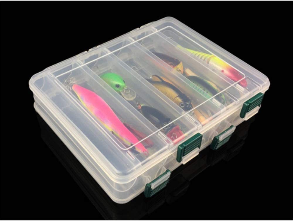 LESOVI Double Sided Fishing Tackle Box 14 Compartments Visible Hard Plastic Clear Fishing Lure Bait Squid Jig Minnows Hooks Accessory Storage Case Container